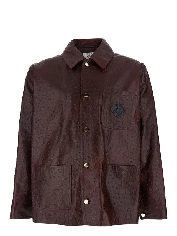 Casablanca Bordeaux Leather Jacket With Ostrich Effect And Logo Patch - Multicolor