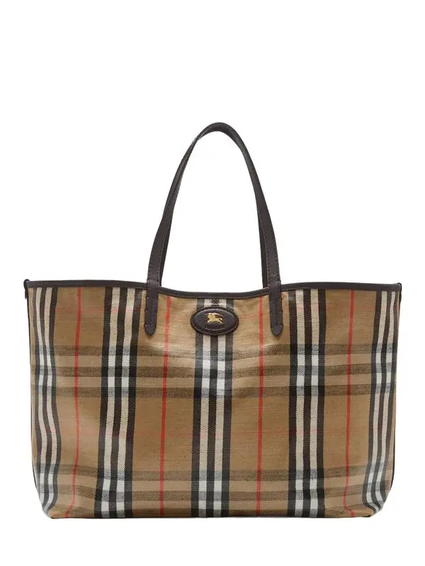 Burberry Checked Tote Bag With Leather Trims - Cream