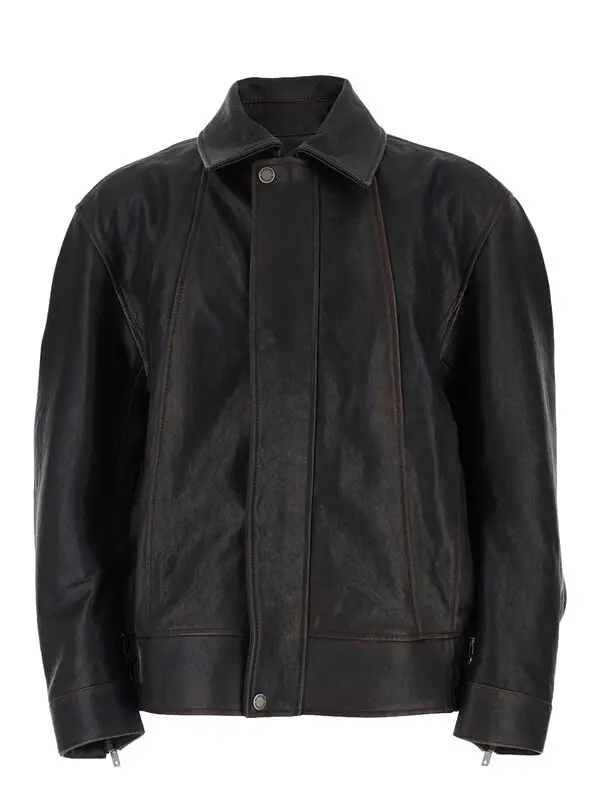 GOLDEN GOOSE Leather Jacket With Classic Collar And Distressed Effect - Multicolor