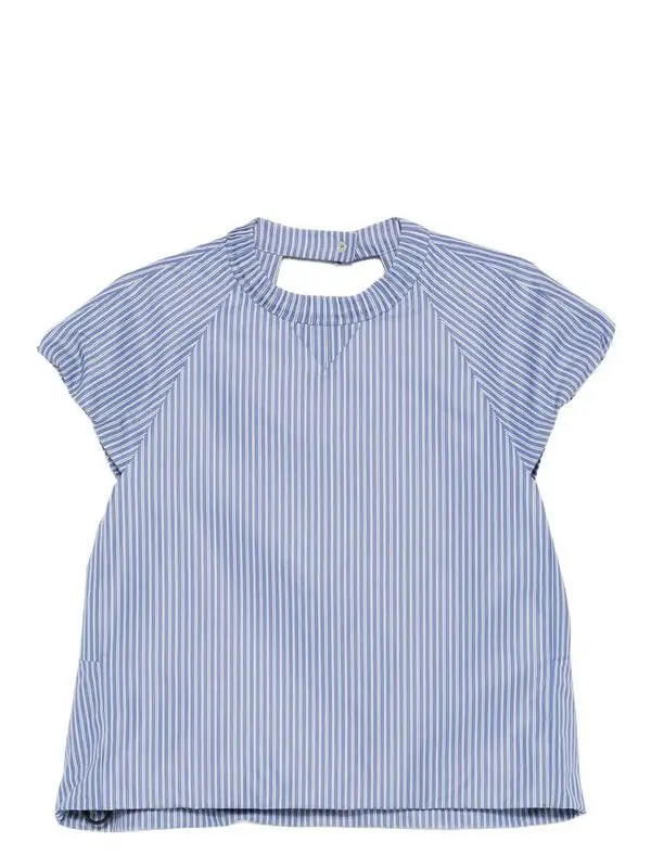 Sacai Striped Short Sleeve Crewneck Top With Open Back Detail - Blue