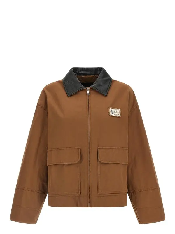 Max Mara Wkdfreccia' Cotton Canvas Jacket With Leather-effect Collar - Brown