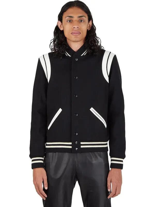 Saint Laurent Wool Varsity Bomber Jacket With Leather Trim - Black