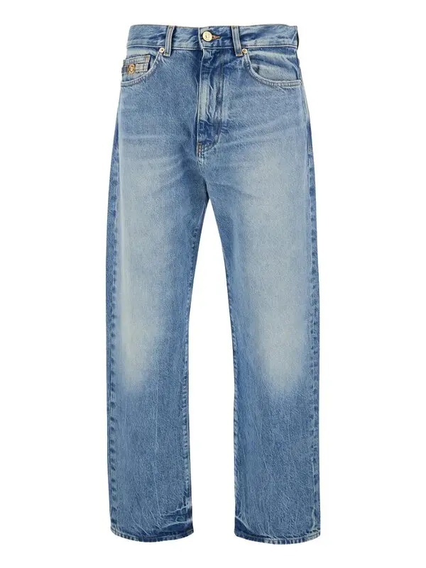 Versace Light Blue Denim Jeans With Logo Patch - Multicolor