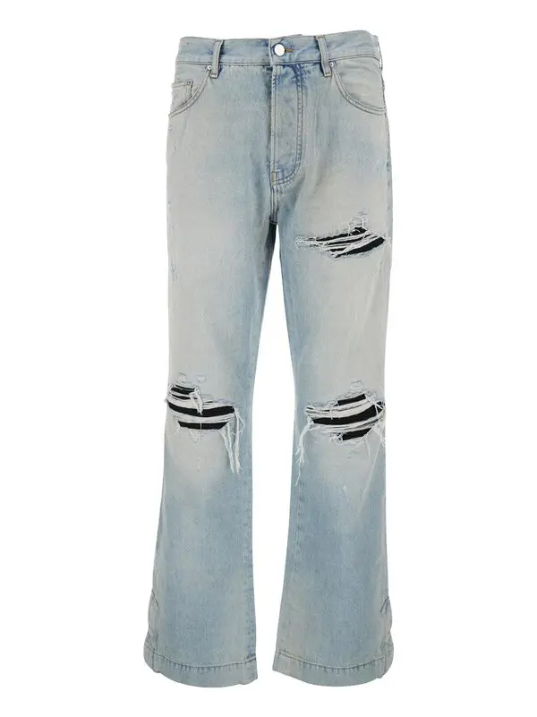 Amiri Light Blue Denim Jeans With Ripped Details And Logo Patch - Multicolor