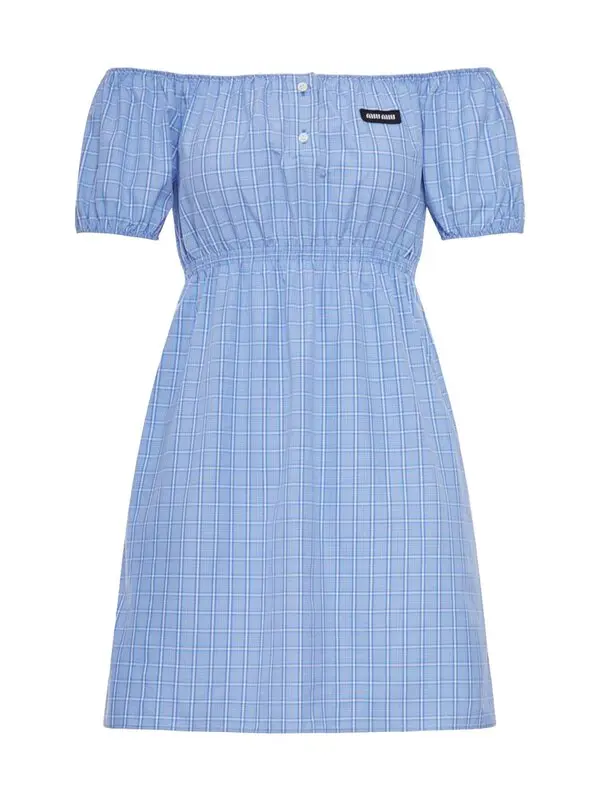 Miu Miu Off-the-shoulder Plaid Dress - Blue
