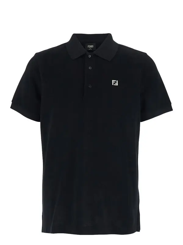 Fendi Cotton Piquet Polo With Metallic Ff Logo On Front For - Black
