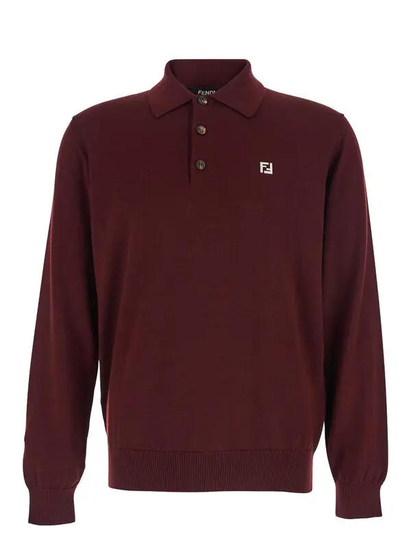Fendi Bordeaux Long Sleeve Polo With Classic Collar And Ff Plate On The Front In Wool For - Multicolor