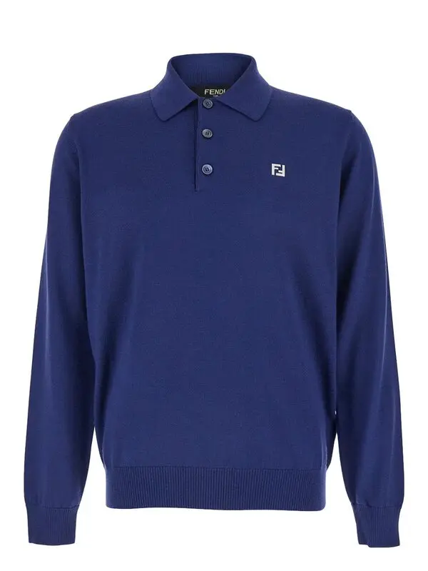 Fendi Blue Long Sleeve Polo With Classic Collar And Ff Plate On The Front In Wool For - Multicolor