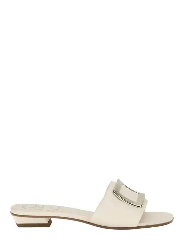 ROGER VIVIER Leather Slide Sandals With Viv' Choc Buckle - White
