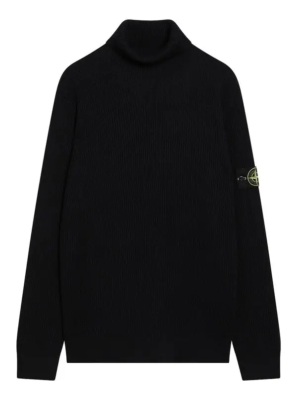 Stone Island Virgin Wool Turtleneck Sweater With Compass Logo Badge - Blue