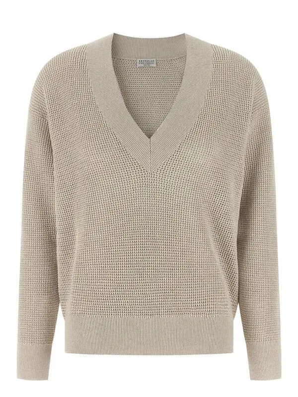 Brunello Cucinelli Openwork V-neck Sweater With Lamé Thread - Cream
