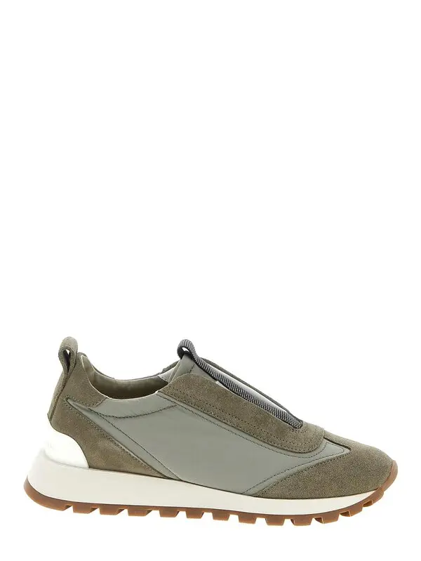 Brunello Cucinelli Techno Fabric And Suede Slip-on Sneakers - Green