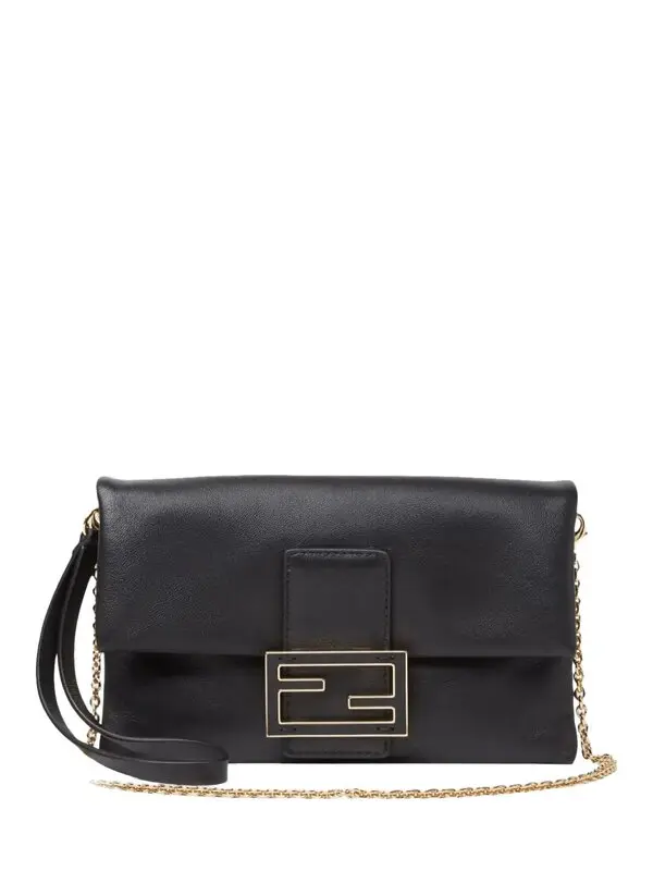 Fendi Nappa Leather Mamma Baguette Pouch With Chain Strap - Black