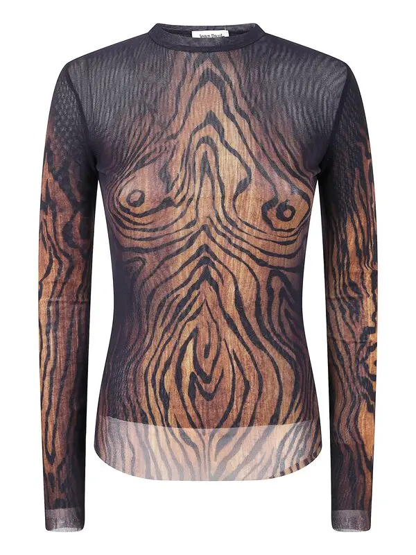 JEAN PAUL GAULTIER Mesh Long Sleeve Top With Wood Print - Black