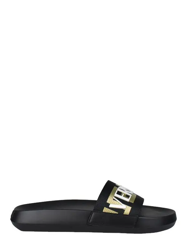Versace Rubber Slides With Gold La Greca Print - Black