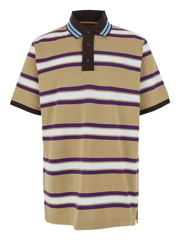 Gucci Beige Polo Shirt With Logo Imprinted On The Front And All-over Striped Motif In Cotton - Multicolor
