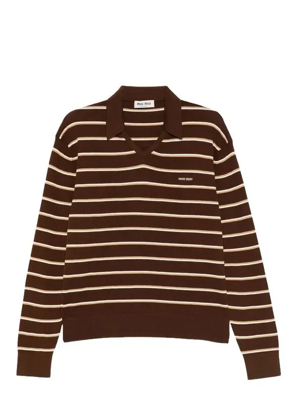 Miu Miu Striped Long Sleeve V-neck Sweater - Brown