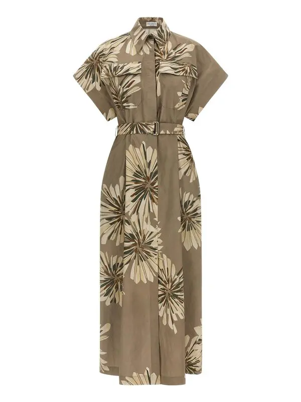 Brunello Cucinelli Chemisier Dress With Floral Print And Belt - Green