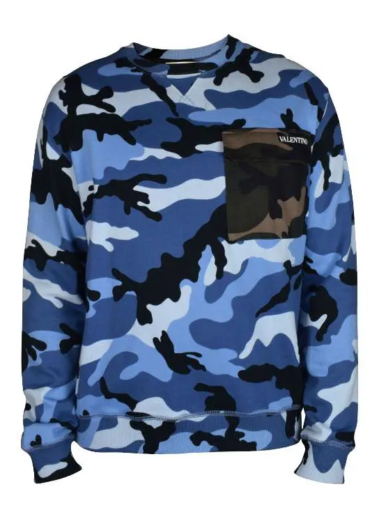 Valentino Garavani Camouflage Cotton Long Sleeve Sweater - Blue