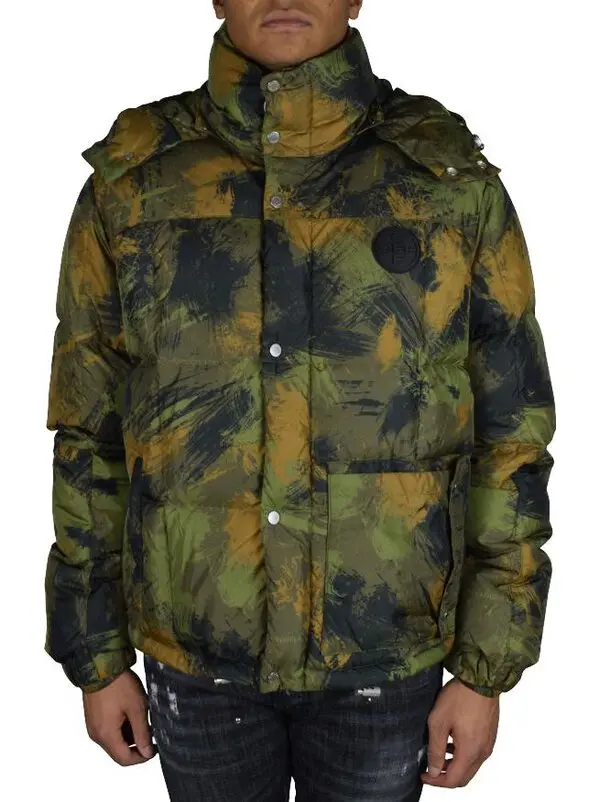 Off-White Camouflage Quilted Down Puffer Jacket With Red Tongue Detail - Green