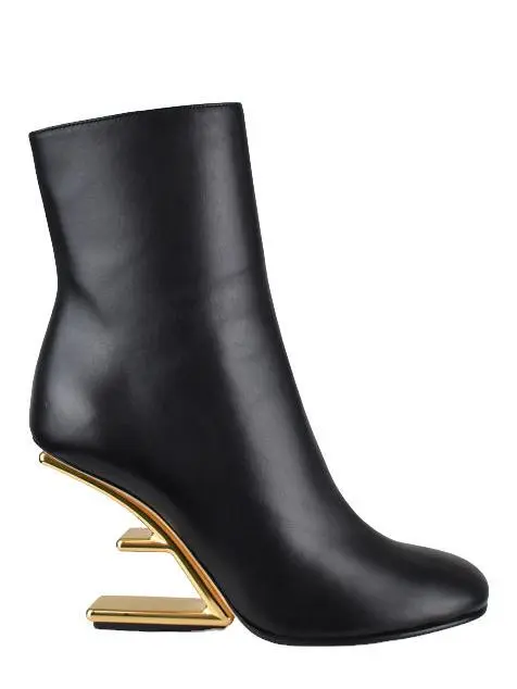 Fendi Leather Ankle Boots With Sculptural Gold Heel - Black