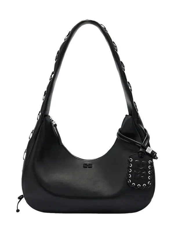 GANNI Leather Shoulder Bag With Eyelet Embellishment - Black