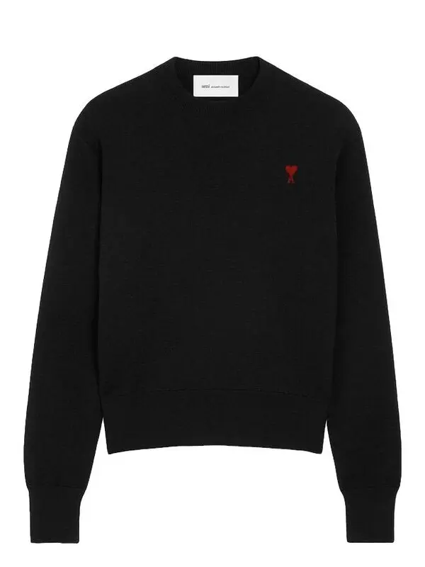 AMI Paris Merino Wool Crew Neck Sweater With De Coeur Embroidery - Black