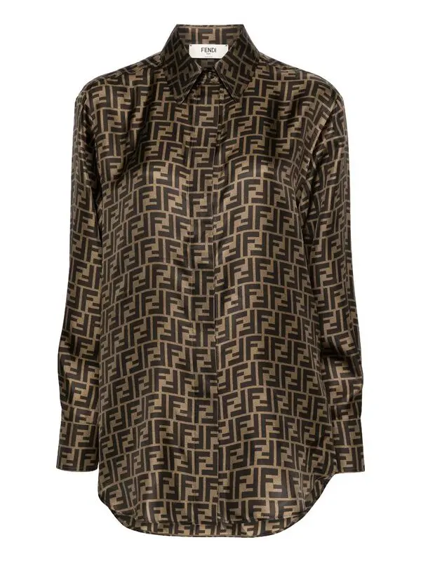 Fendi Silk Ff-logo Print Shirt - Brown