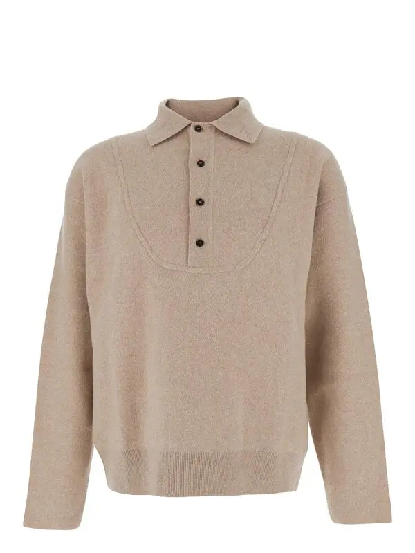 Jacquemus Beige Wool Polo Sweater With Ribbed Details - Multicolor