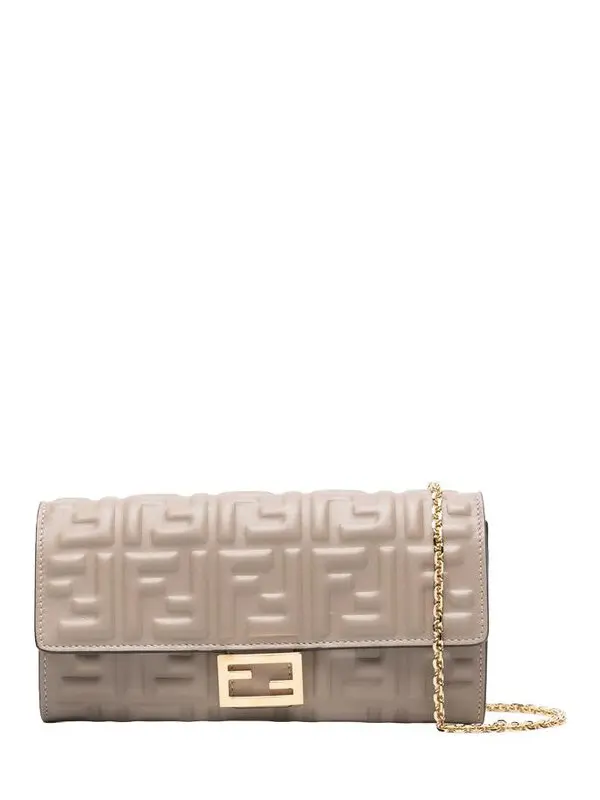 Fendi Embossed Logo Clutch With Chain Strap - Gray