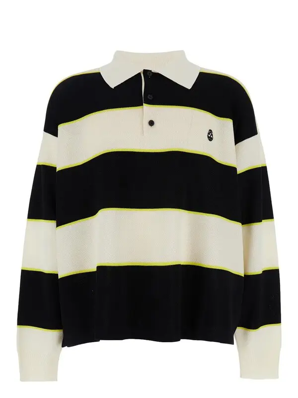 Alexander McQueen Black And White Long-sleeve Polo Shirt With Logo Patch On The Front And All-over Striped Motif In Cotton Blend - Multicolor