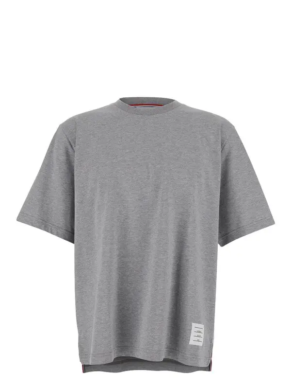 Thom Browne Grey Crewneck T-shirt With Logo Patch On The Front And Striped Detail On The Rear In Cotton - Multicolor