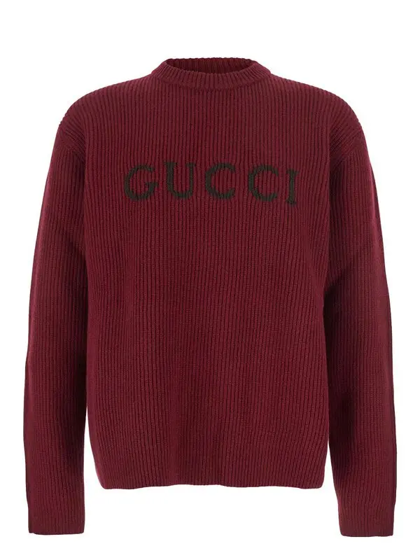 Gucci Bordeaux Crewneck Sweater With Logo Lettering Embroidery - Multicolor