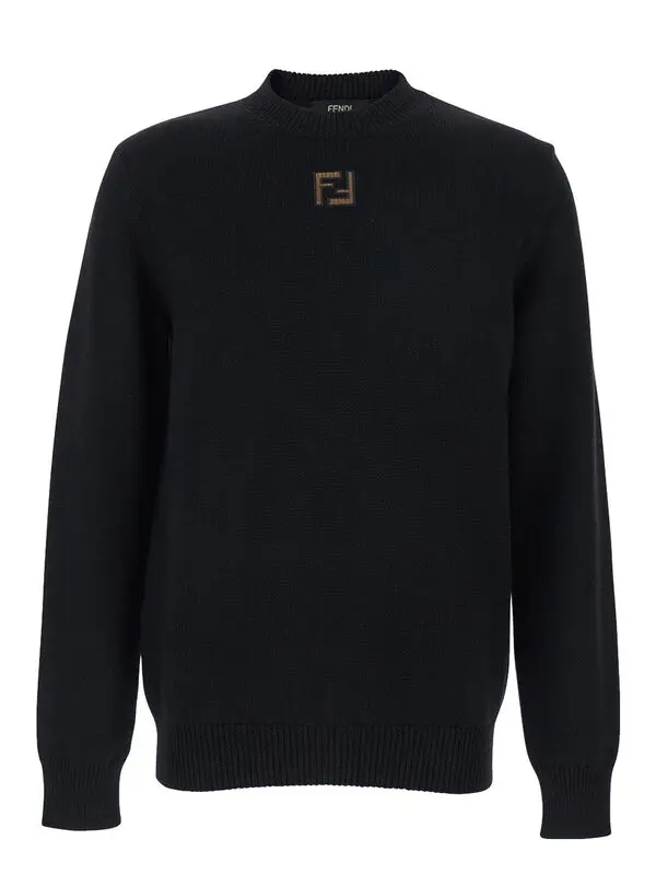 Fendi Crewneck Sweater With Ff Embroidery In Wool - Black