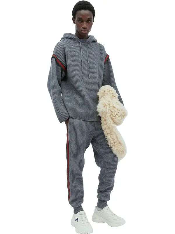Gucci Ribbed Wool Cashmere Hooded Sweater With Signature Stripe Trims - Gray
