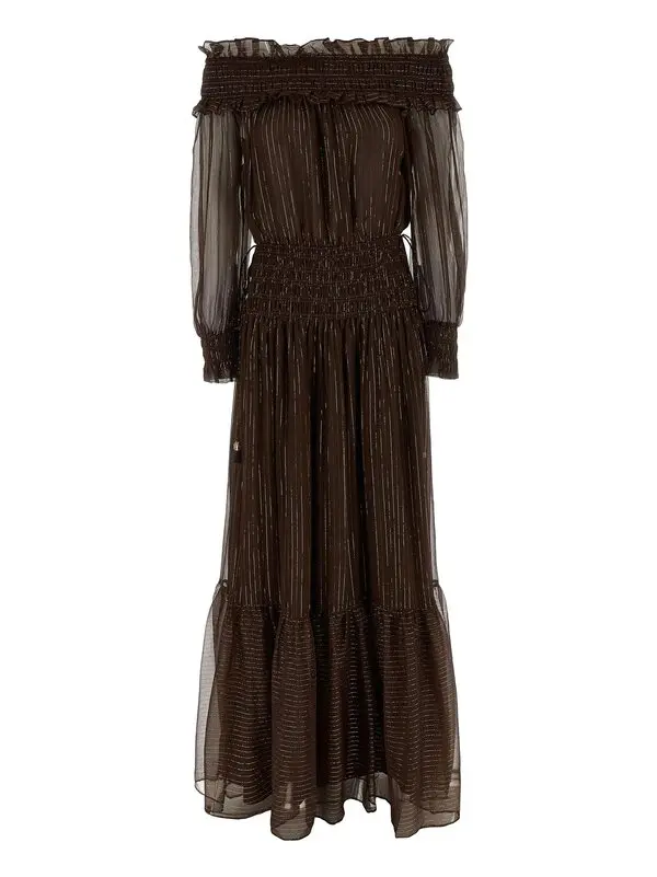 SELF-PORTRAIT Georgette Off-shoulder Maxi Dress - Brown