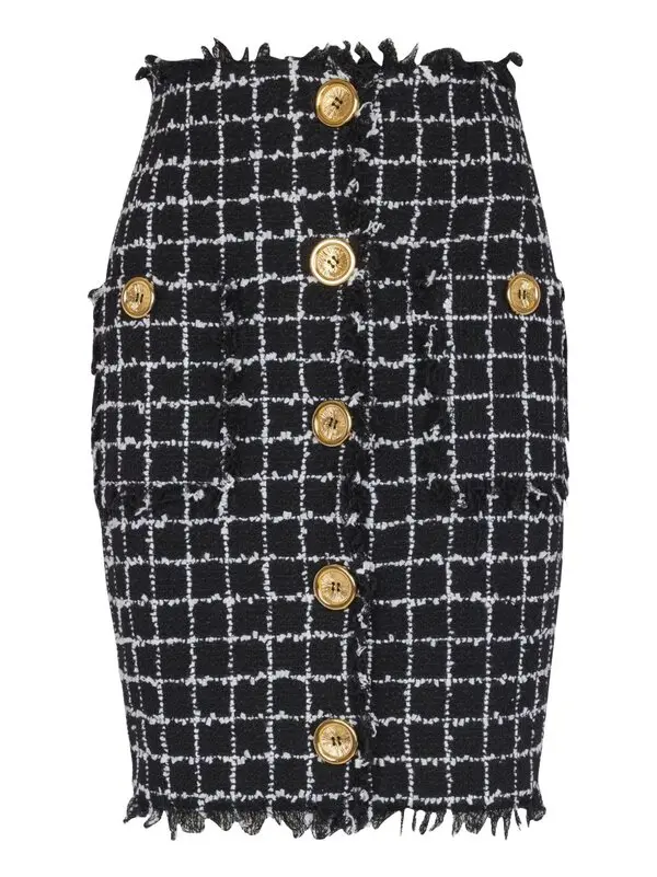 Balmain Tweed Check Pattern Midi Skirt With Gold Tone Buttons - Multicolor