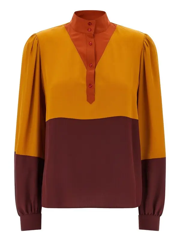 Saint Laurent Color-block High Neck Silk Blouse - Multicolor