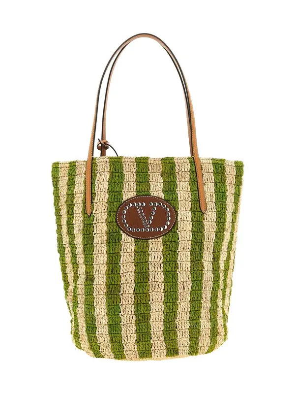 Valentino Garavani Woven Raffia Shopper Bag With Vlogo Signature - Green