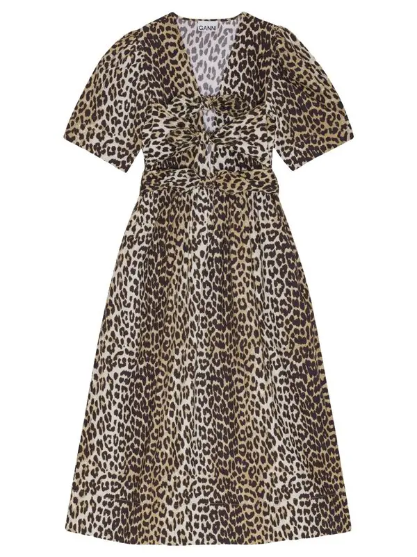GANNI Leopard Print Bow Detail Midi Dress - Multicolor