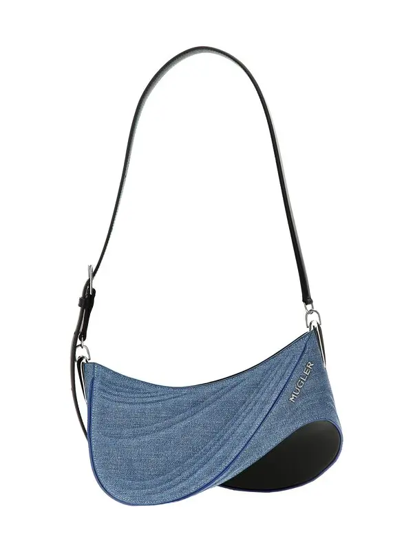MUGLER Medium Denim Spiral Curve Shoulder Bag - Blue