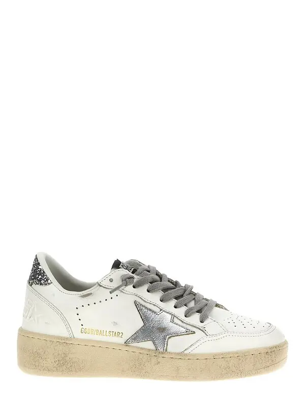 GOLDEN GOOSE Ball Star 2 Leather Sneakers With Glitter Heel - Silver