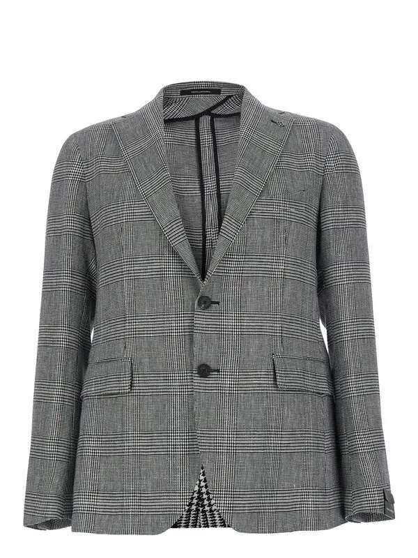Tagliatore Grey Houndstooth Cotton Linen Blend Blazer - Gray