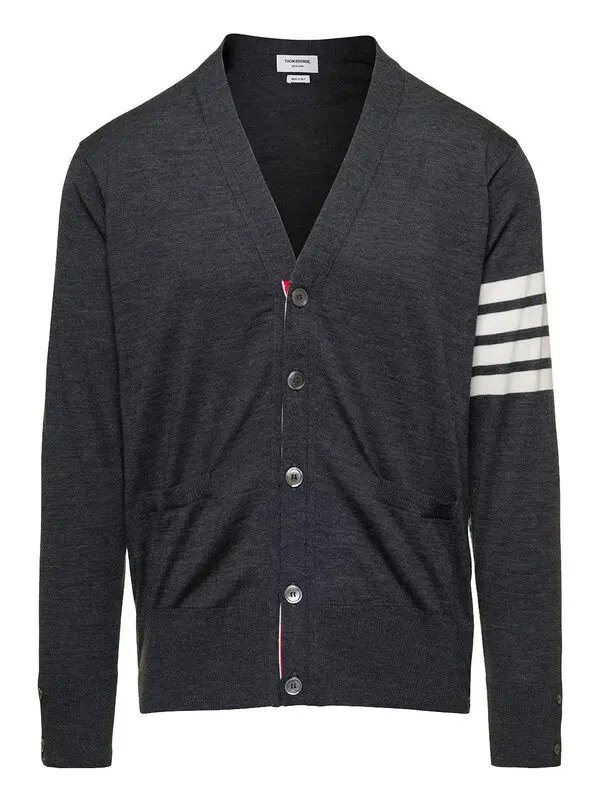 Thom Browne Wool V-neck Cardigan With Striped Detail - Gray