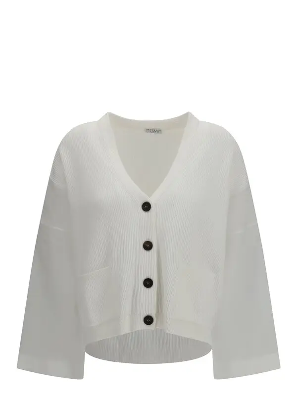 Brunello Cucinelli Ribbed Cardigan With Organza Sleeves - White