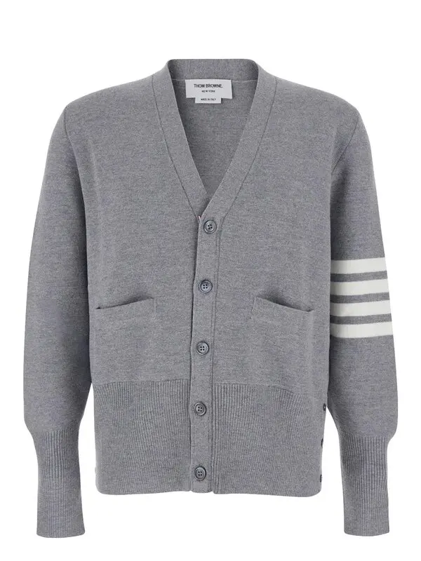 Thom Browne Gray Wool V-neck Cardigan With Striped Detail - Multicolor