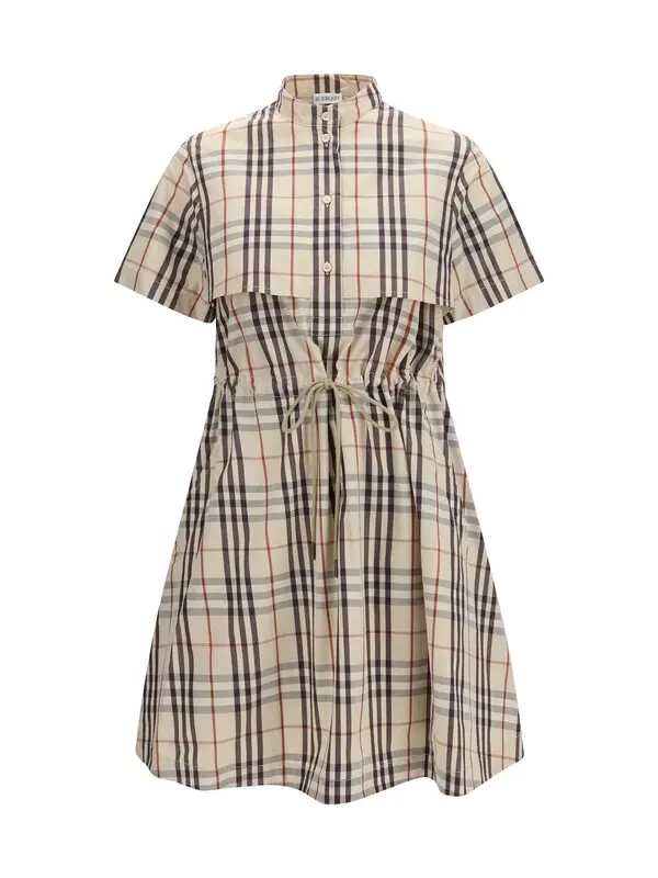 Burberry Cotton Check Dress With Drawstring Waist - Cream
