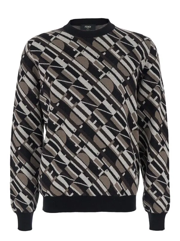 Fendi Wool Crewneck Sweater With Geometric Motif - Brown