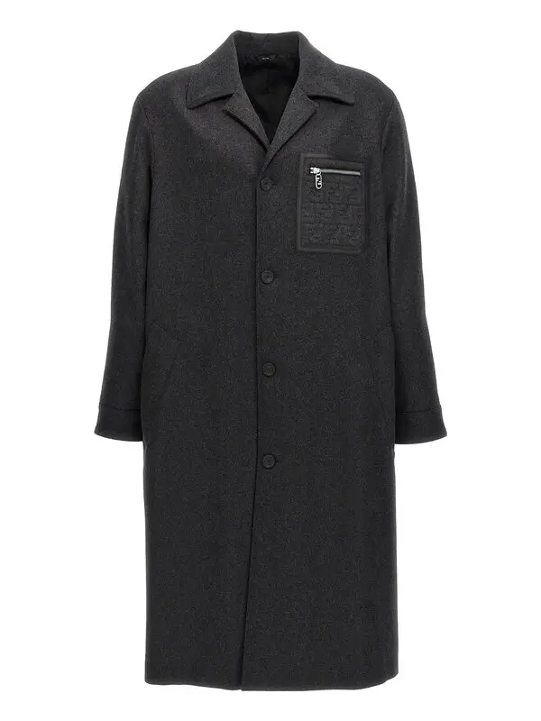 Fendi Single-breasted Cashmere Coat With Embossed Logo Pocket - Gray