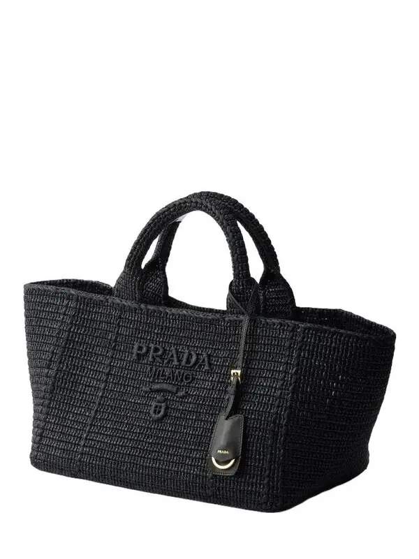 Prada Raffia-effect Tote Bag With Embroidered Logo - Black